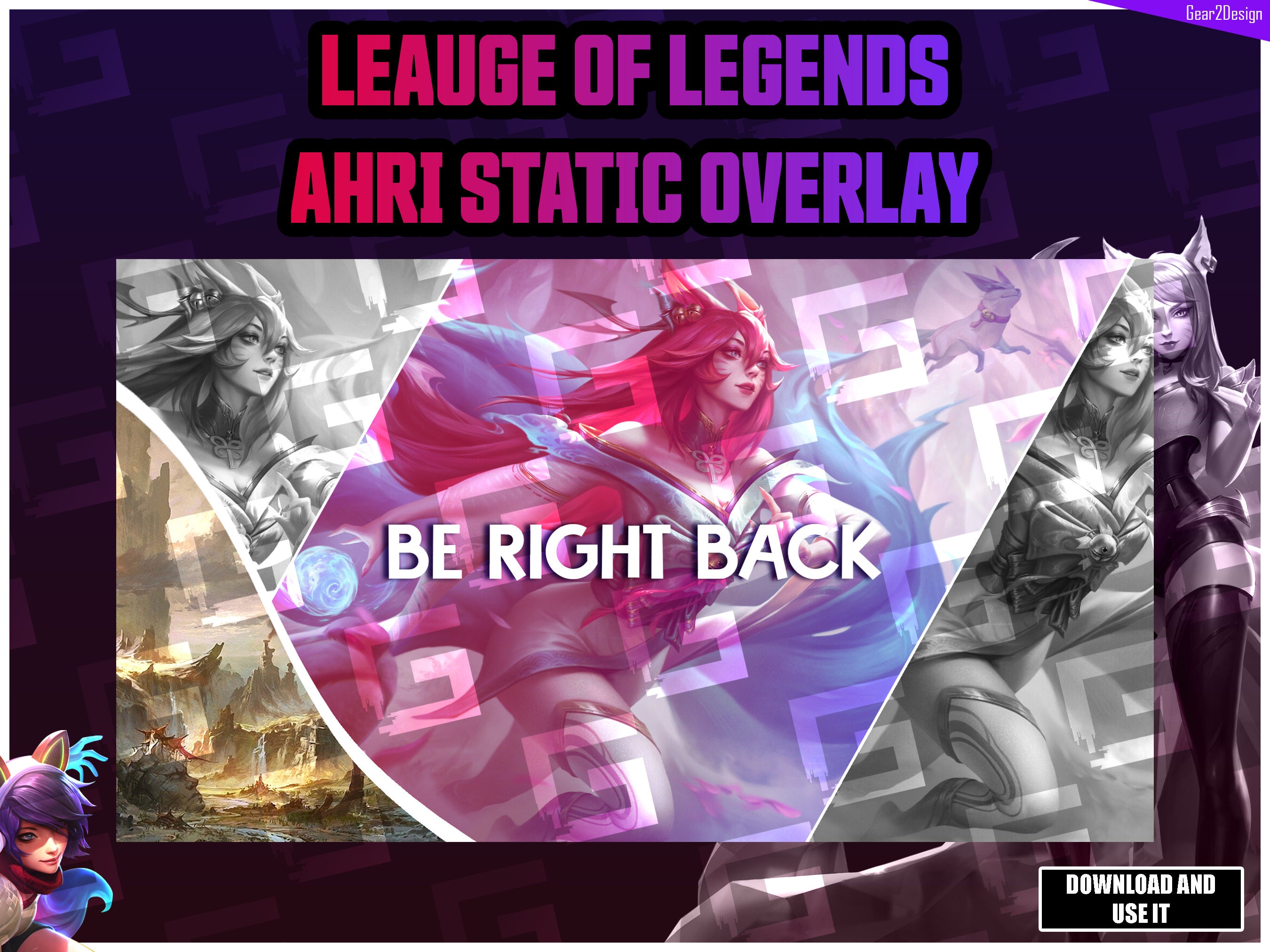 Ahri Stream Overlay Pack Webcam Panels Static Streaming Twitch Overlay ...