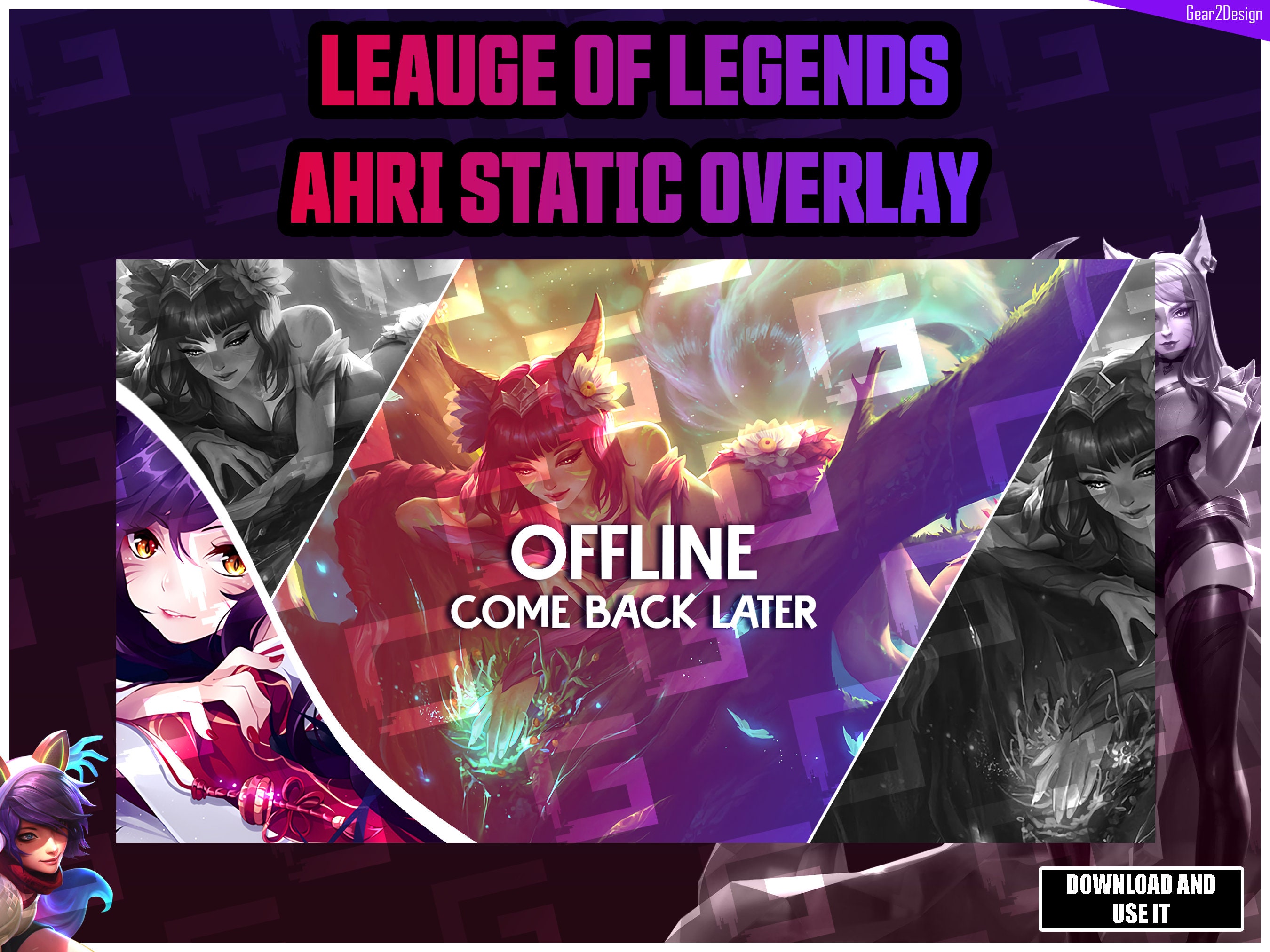 Ahri Stream Overlay Pack Webcam Panels Static Streaming Twitch Overlay ...