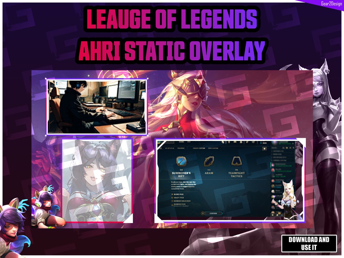 Ahri Stream Overlay Pack Webcam Panels Static Streaming Twitch Overlay ...
