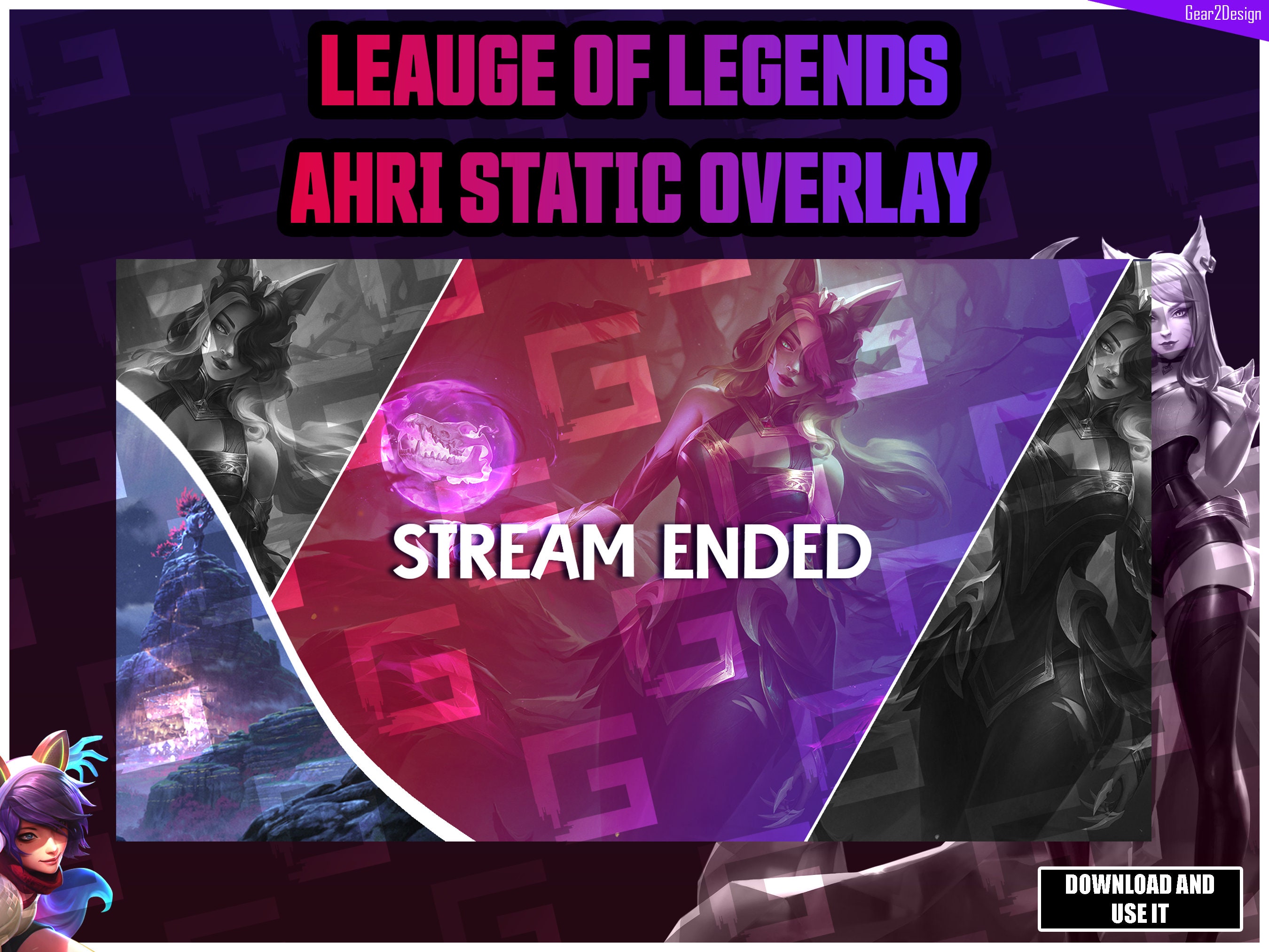 Ahri Stream Overlay Pack Webcam Panels Static Streaming Twitch Overlay ...
