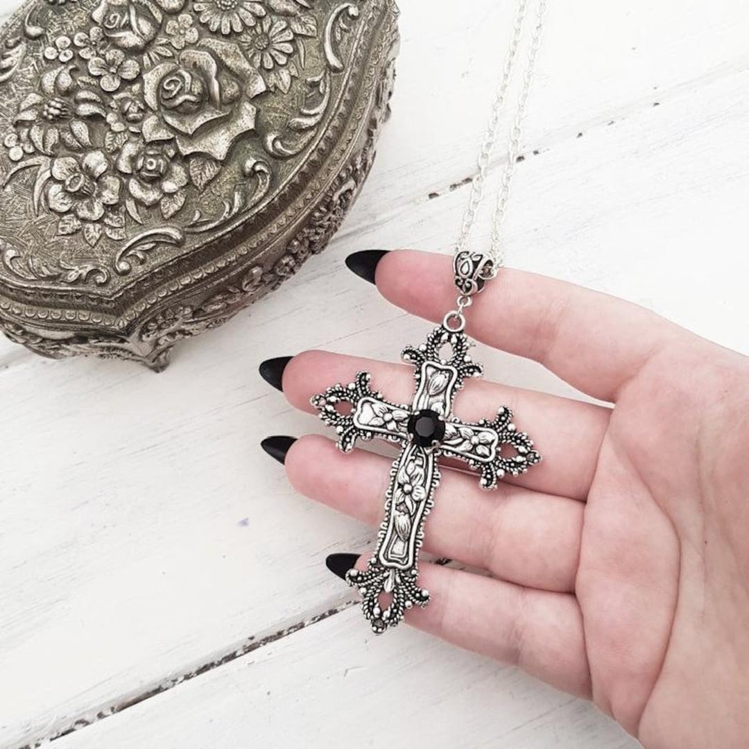 Silver Gothic Gem Rose Cross Gothic Christian Cross With - Etsy