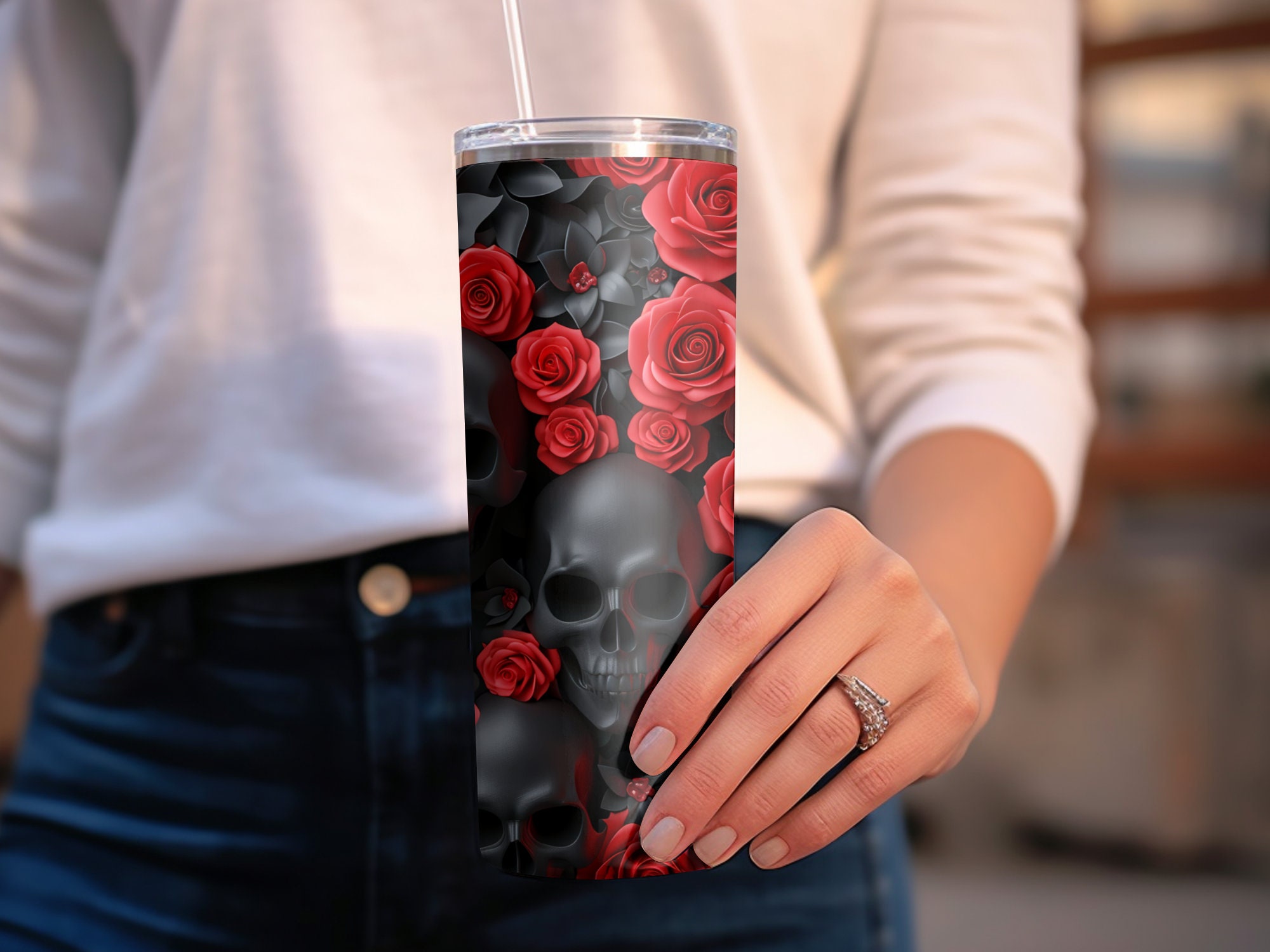 Gothic Skulls and Roses 20oz Tumbler Wrap, Dark Floral Travel Drinkware, Unique Tumbler ...