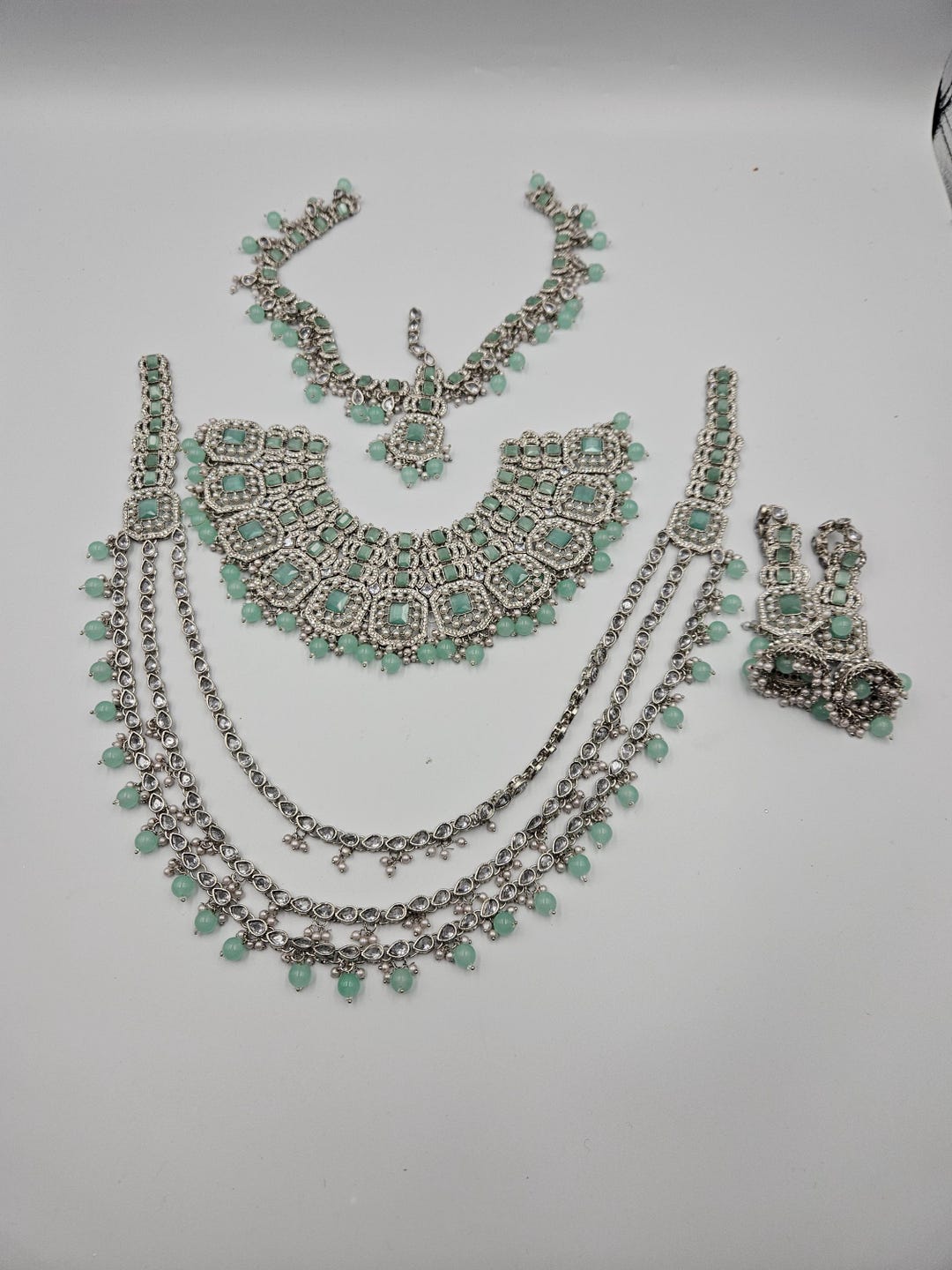 Mint Green Heavy Bridal Set With Matha Patti 1 Long Necklace 1 Middle ...