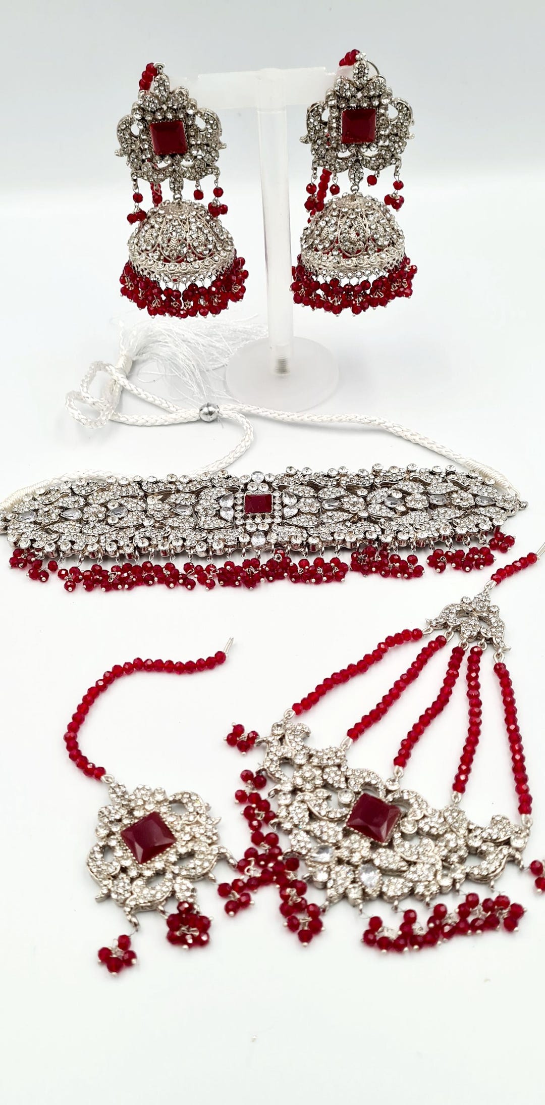 Silver and Maroon Ruby Bridal Jewellery Set With Chokar Jhumar Bindia ...