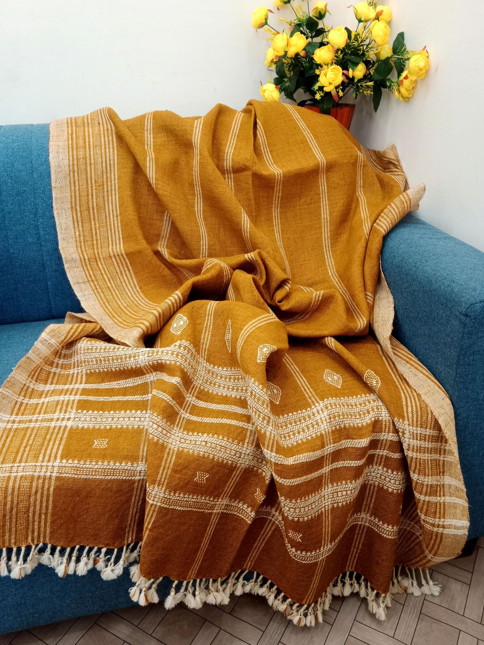 Handwoven Indian Wool Throw Blanket, Geometric Pom Poms, 52x90 - Etsy