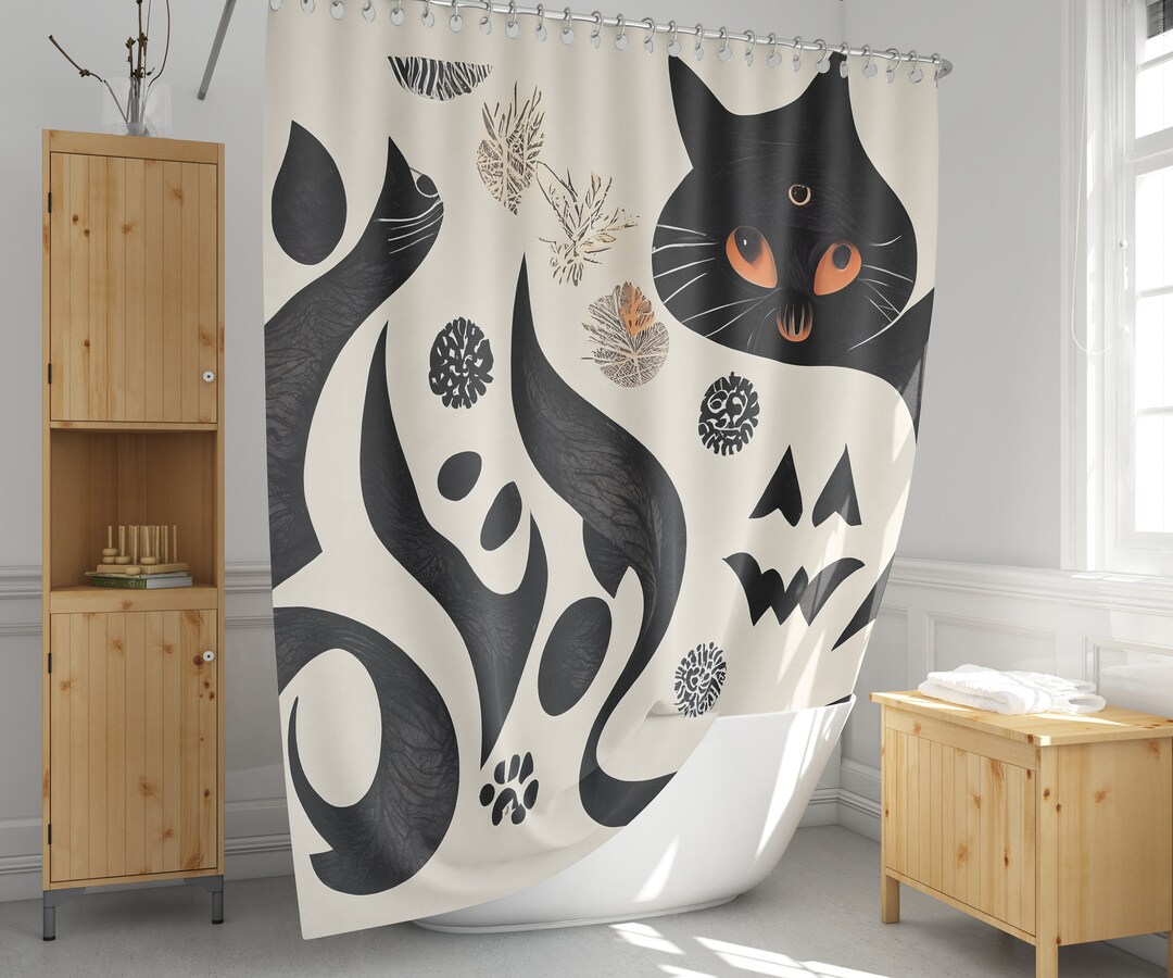 Halloween Black Cat Shower Curtain I Boho Spooky Bath Curtain Etsy