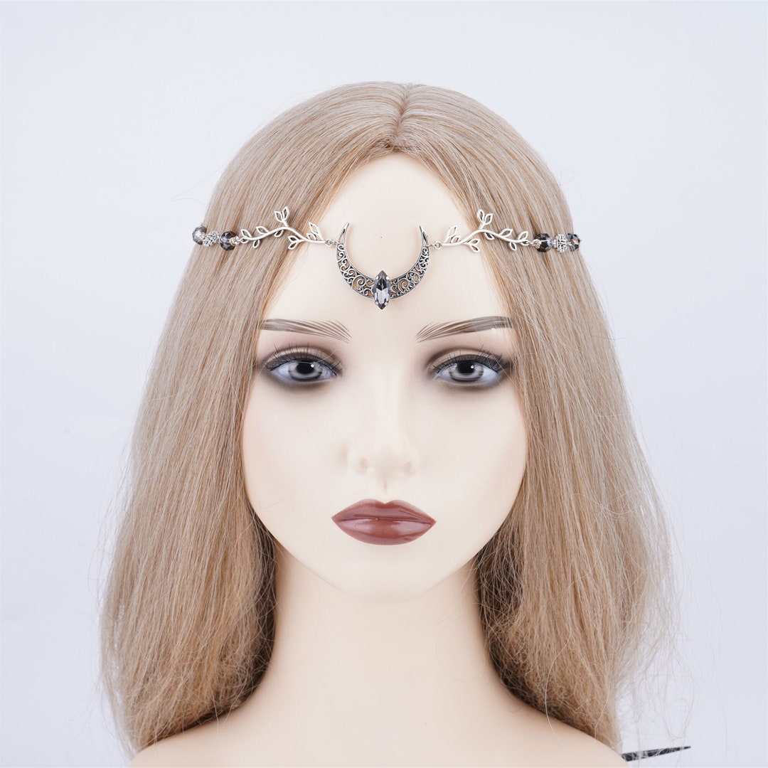 Gothic Moon Forehead Chain, Black Crystal Silver Head Jewelry for Her ...