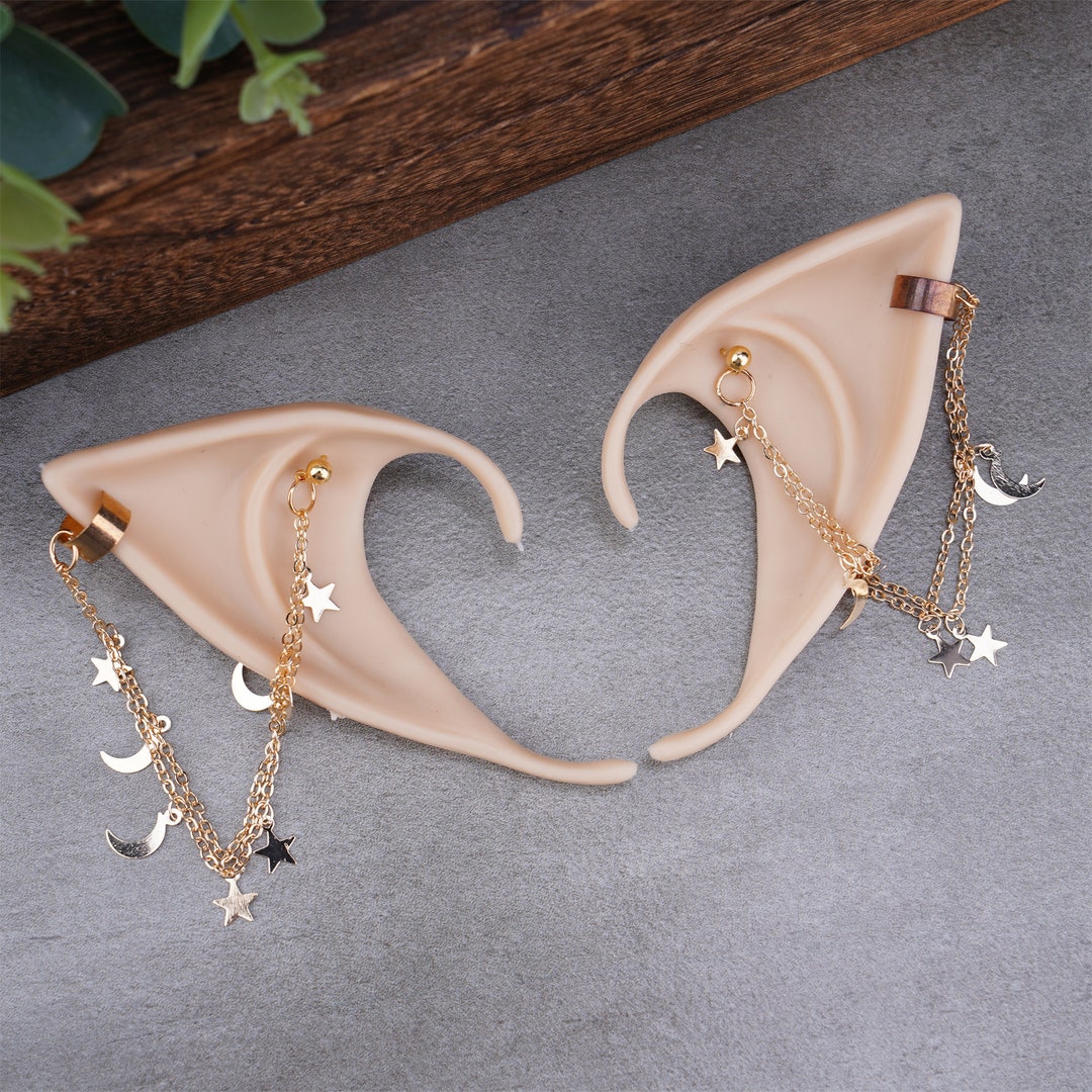 Elf Ears Cuff With Moon Star Chain Gothic Witch Wrap Earrings Fairy Ear ...