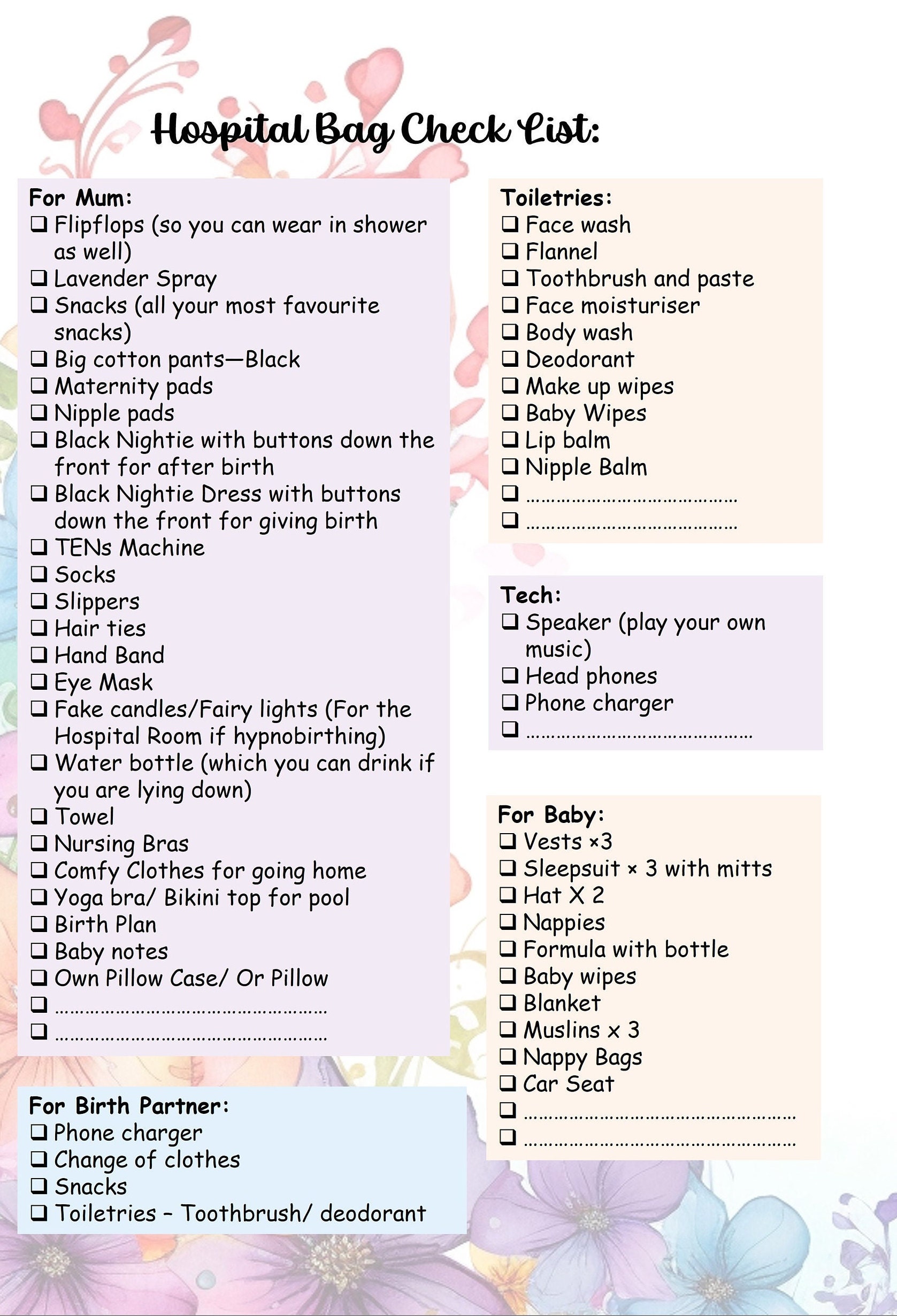 The Best Hospital Bag/birthing Bag Printable Instant Downloadable Check ...