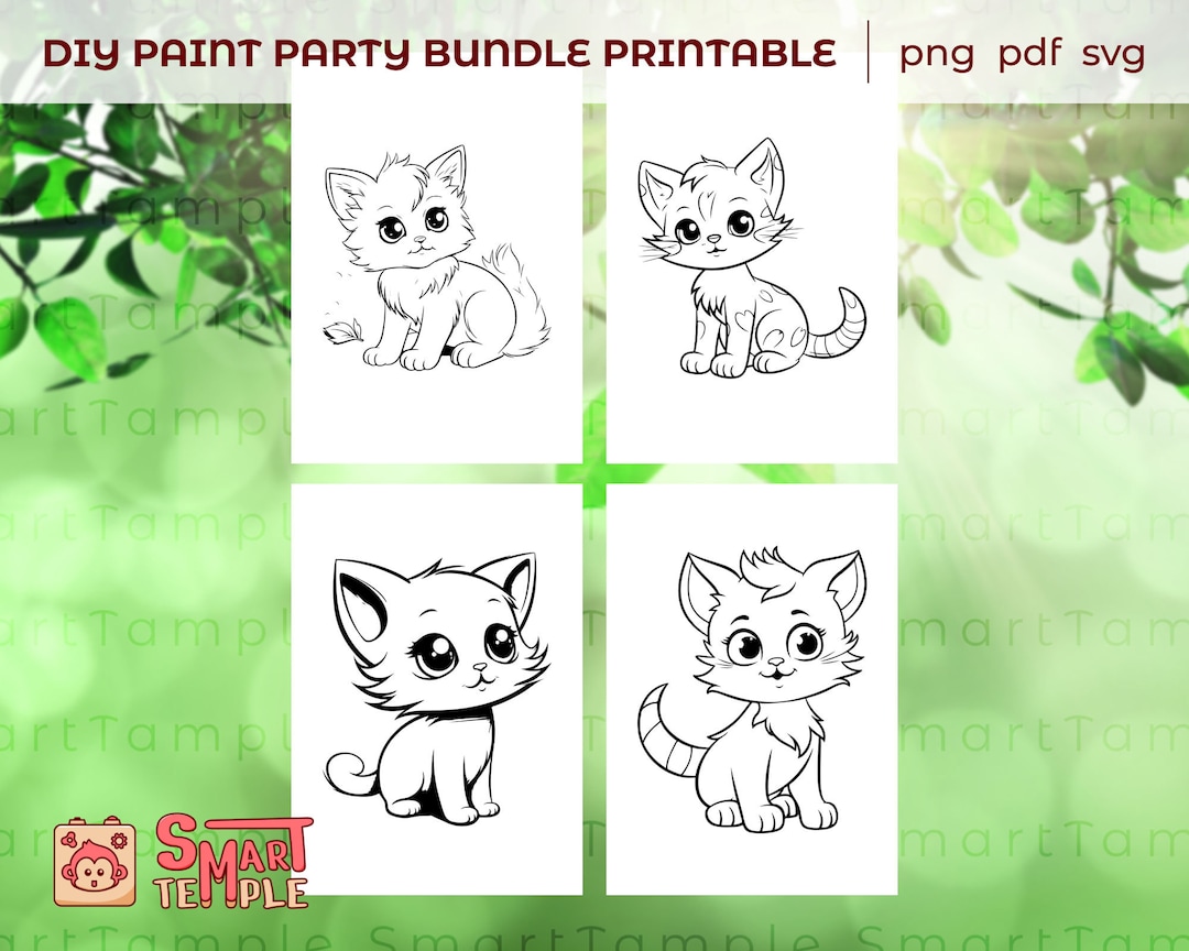 DIY Paint Party Template, Cute Kitten, Printable Canvas Art for Kids ...