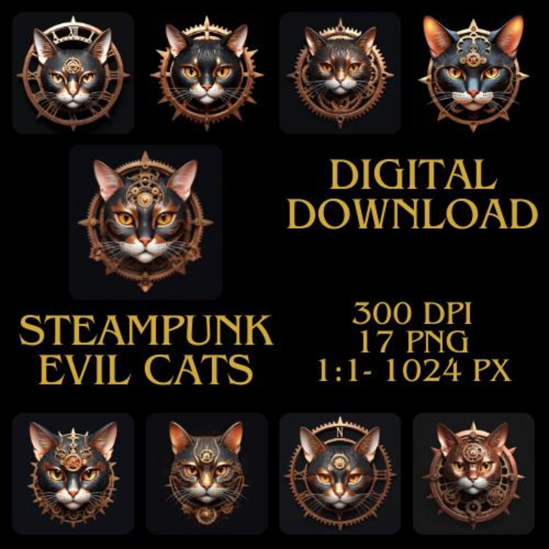Steampunk Style Evil Cats Clipart of 17 Pngs 300 Dpi - Etsy