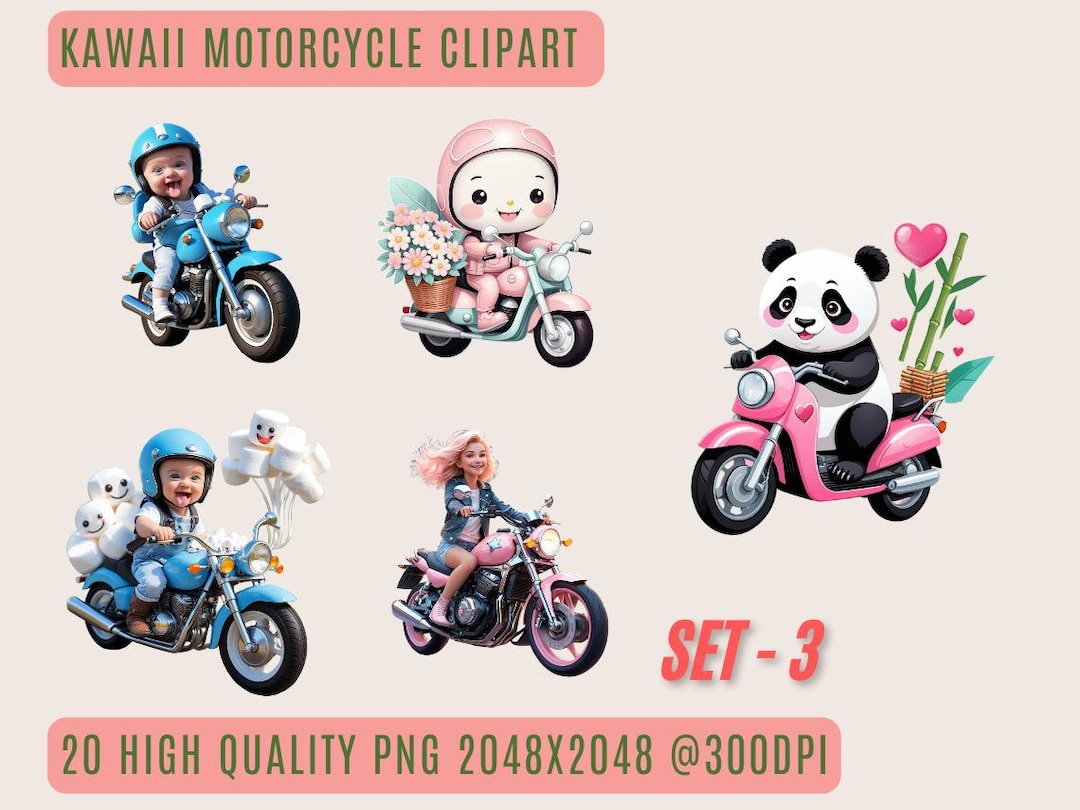 Kawaii Motorcycle Clipart Set 3 Cute, Smiling Pastel Bikes for Digital ...