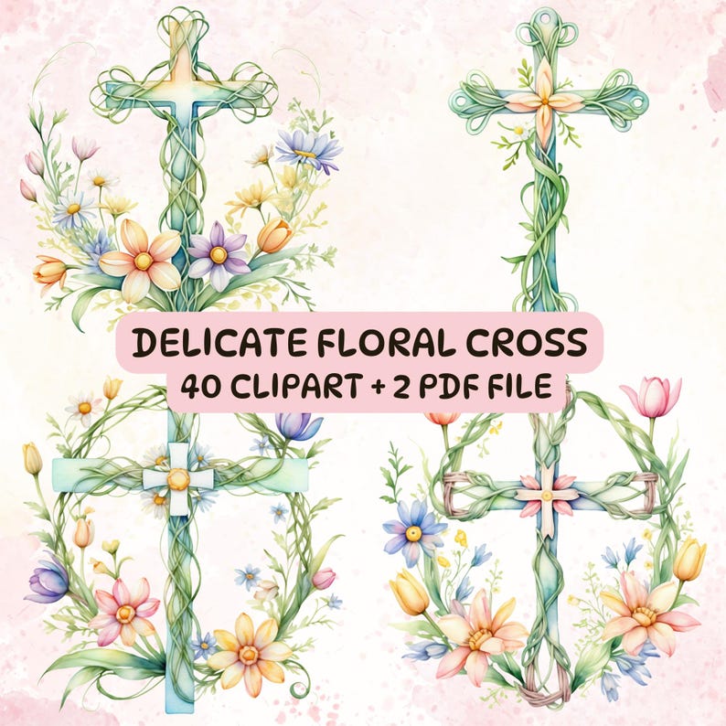 40 Delicate Floral Cross Clipart, Commercial Use, Easter Ephemera ...