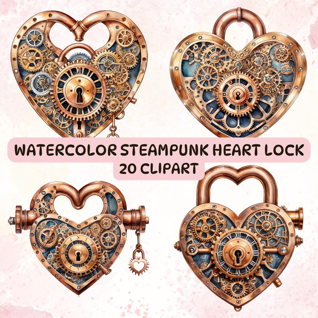 20 Watercolor Steampunk Heart Lock Clipart, Brass, Copper, Clockwork ...