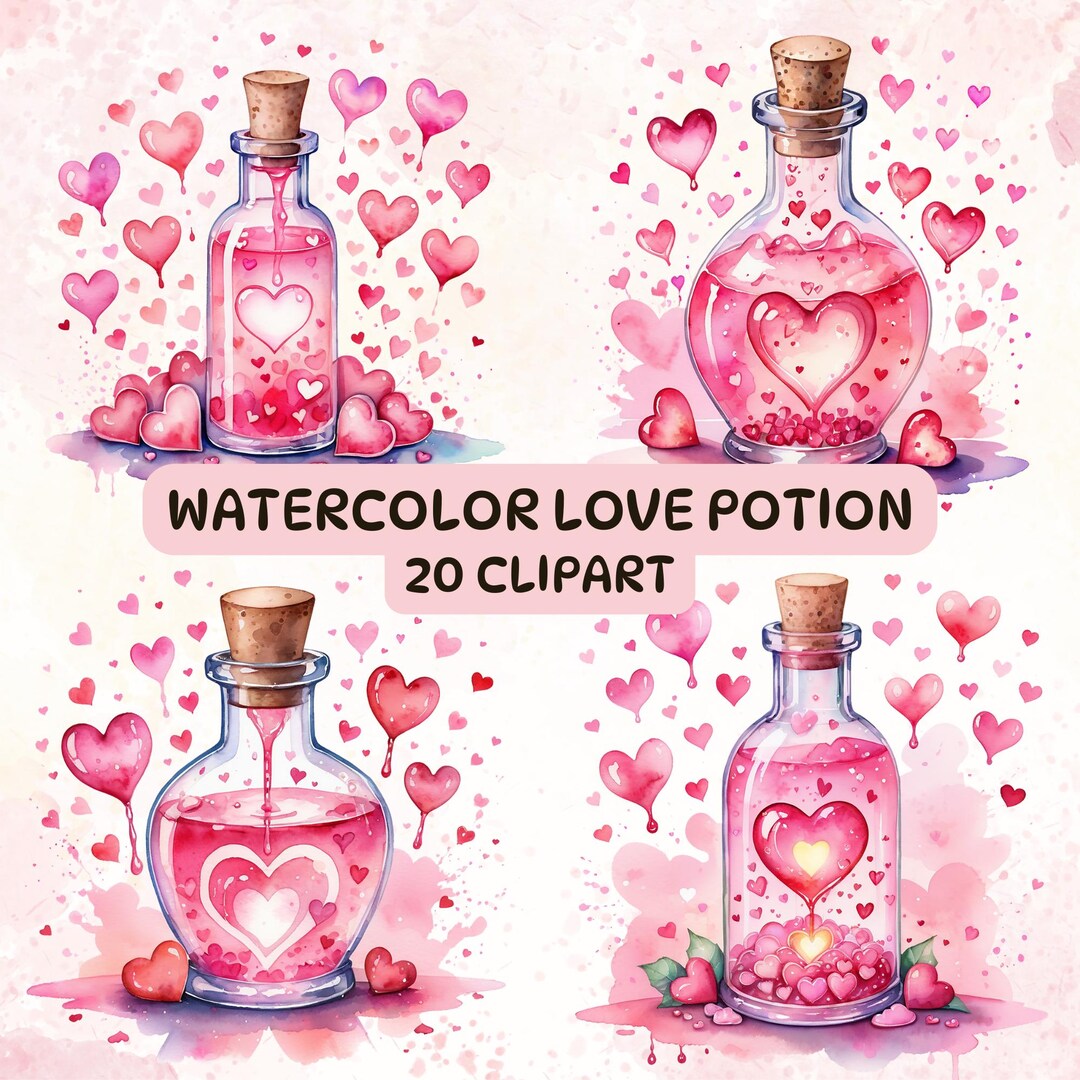 Love Potion Watercolor Clipart | Romantic Pink Bottle PNG | Sparkle ...