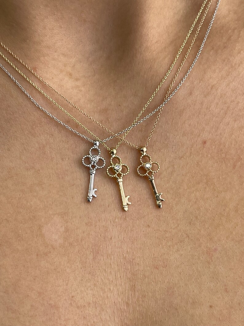 14K Gold Diamond Key Necklace, Diamond Key Pendant, Valentine Day Gift ...