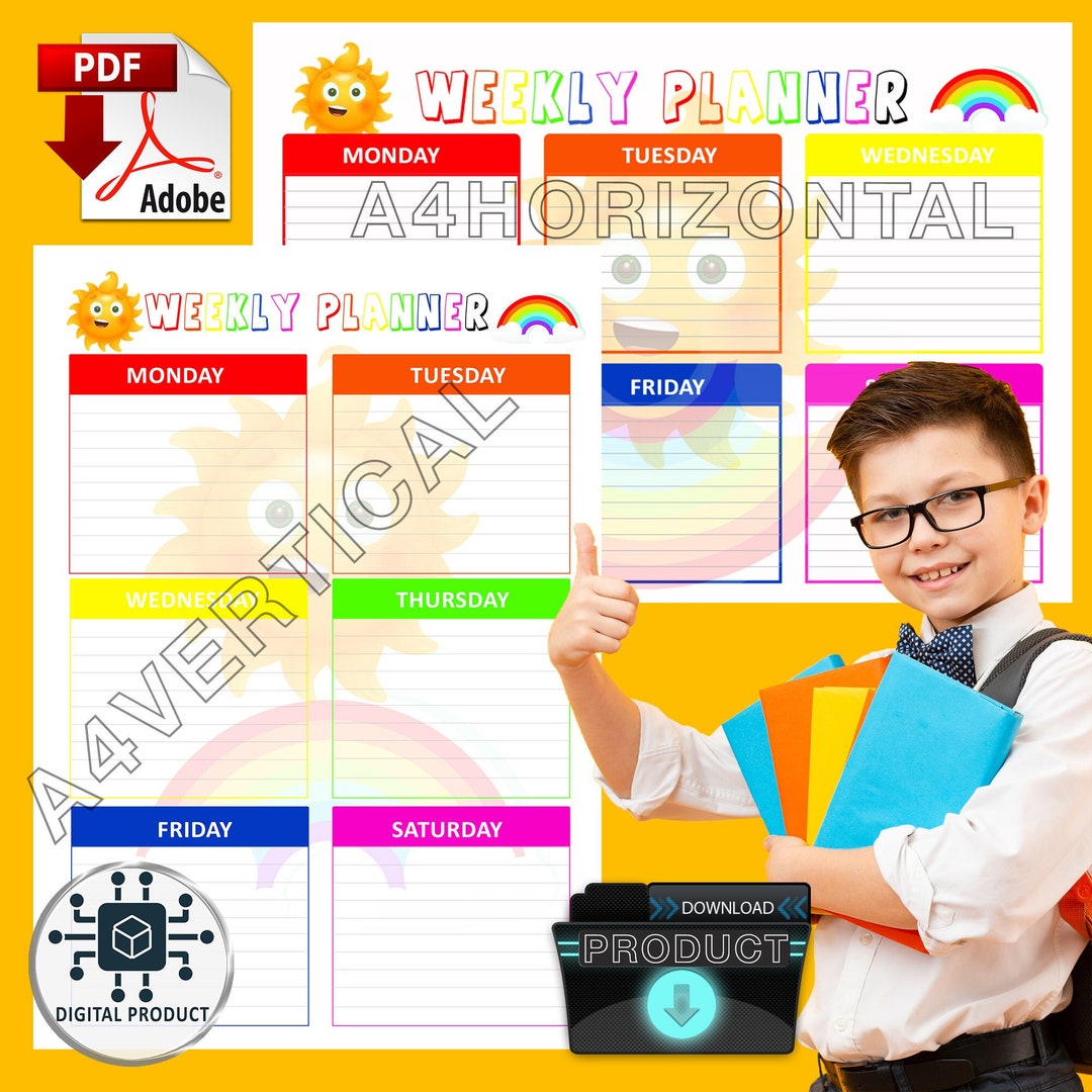 Digital Vertical Weekly Planner, Kids Weekly Planner, Rainbow Daily ...