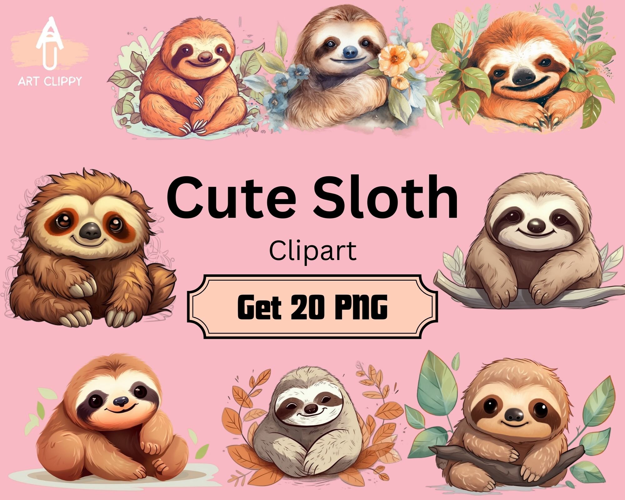 Cute Sloth PNG Clipart Bundle - Etsy