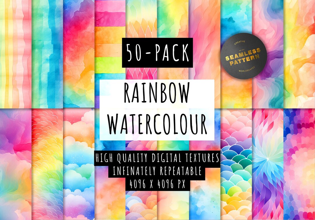 50 PACK Watercolor Rainbow, Digital Papers, Seamless Pattern, Pastel ...