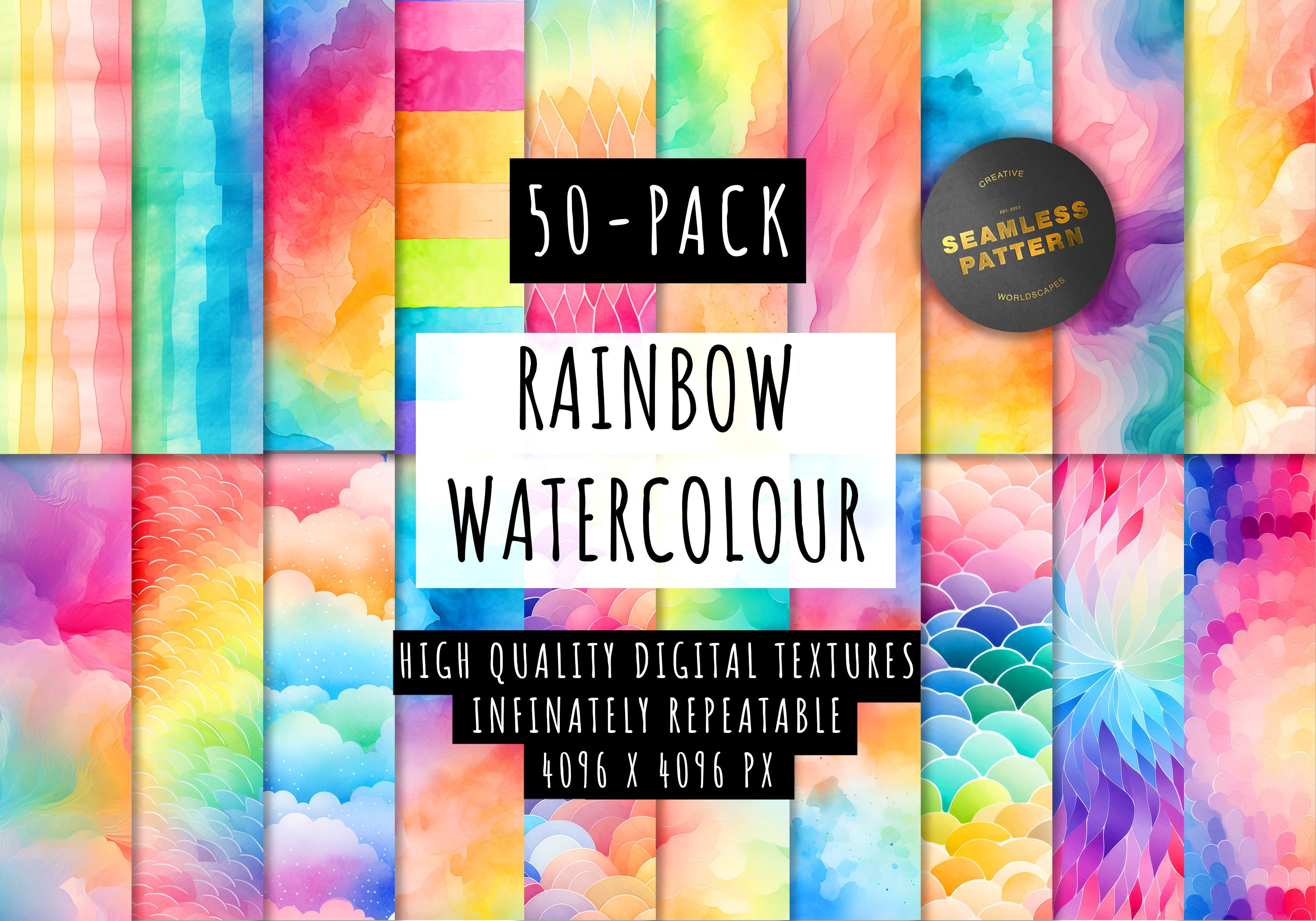 50 PACK Watercolor Rainbow, Digital Papers, Seamless Pattern, Pastel ...