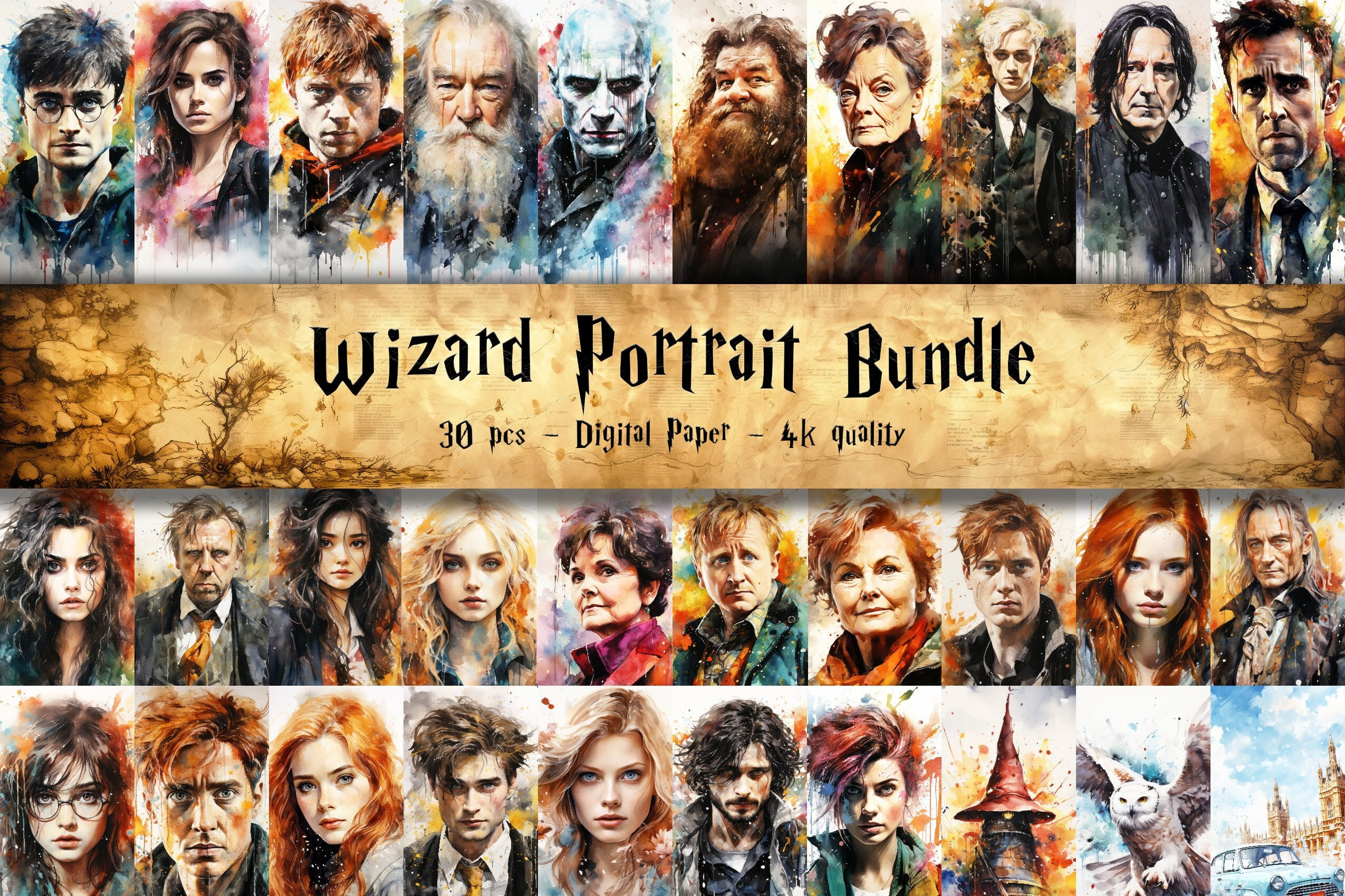 Wizard Friends Portraits, Digital Paper, Printable Paper, Sorcerer ...