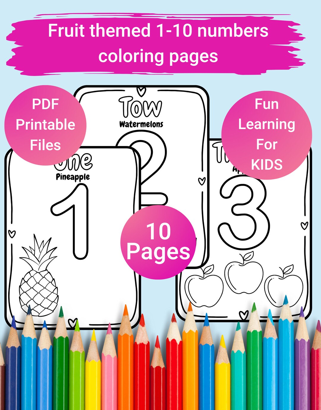 1-10 Numbers Coloring Pages Fruit Themed 10 Numbers Printable Sheets ...