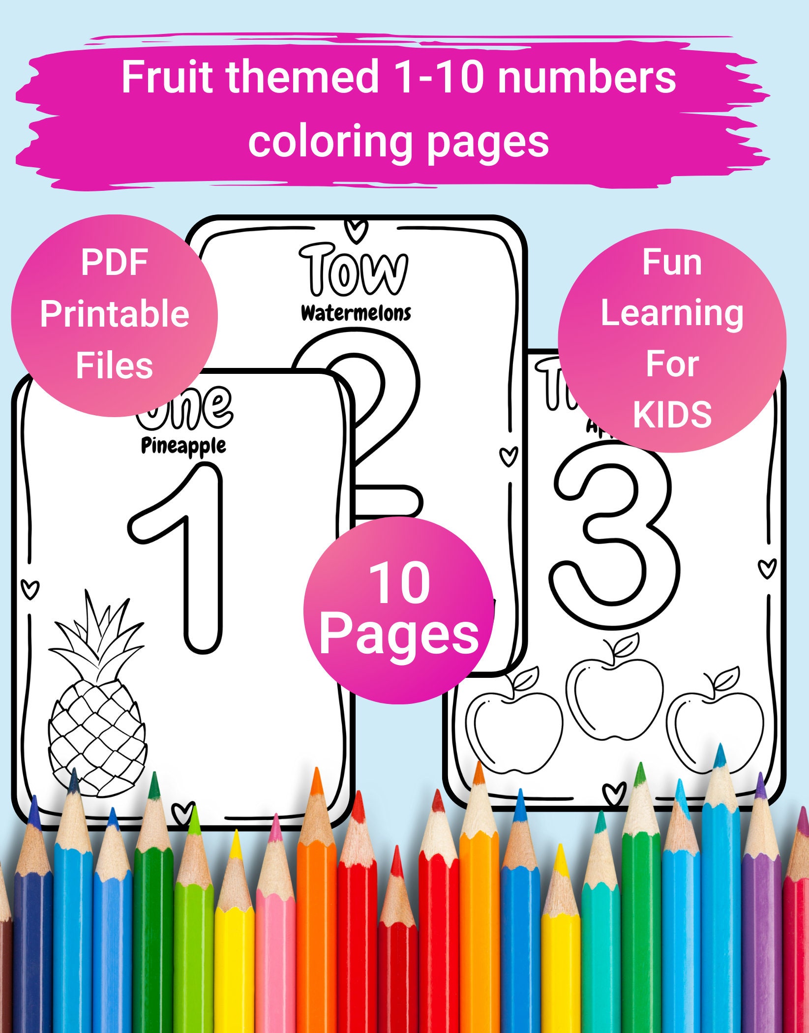 1-10 Numbers Coloring Pages Fruit Themed 10 Numbers Printable Sheets ...