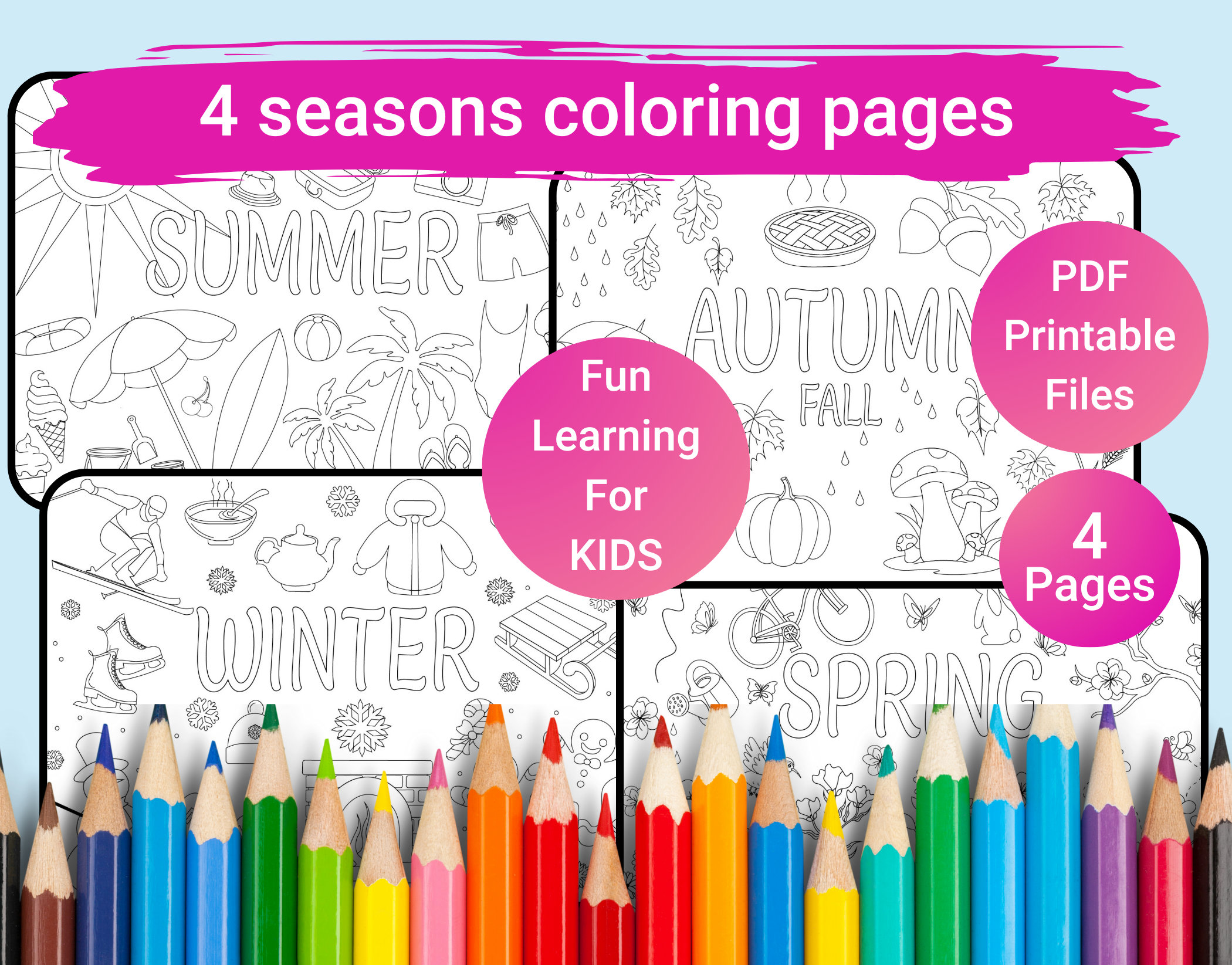 4 Seasons Coloring Pages Printable Sheets Spring, Summer, Autumn ...
