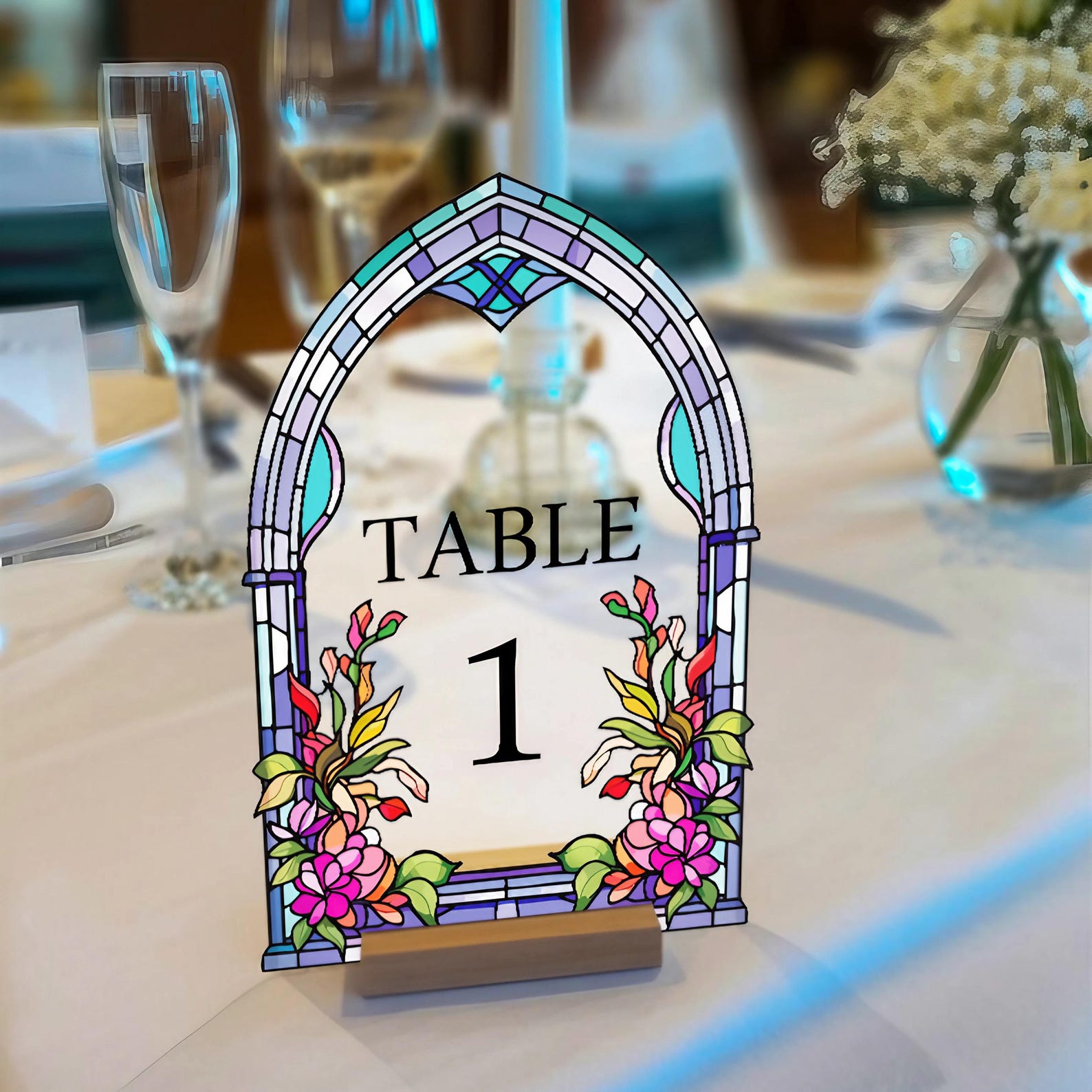 Stained Glass Wedding Decor – Acrylic Table Numbers With Floral Arch ...