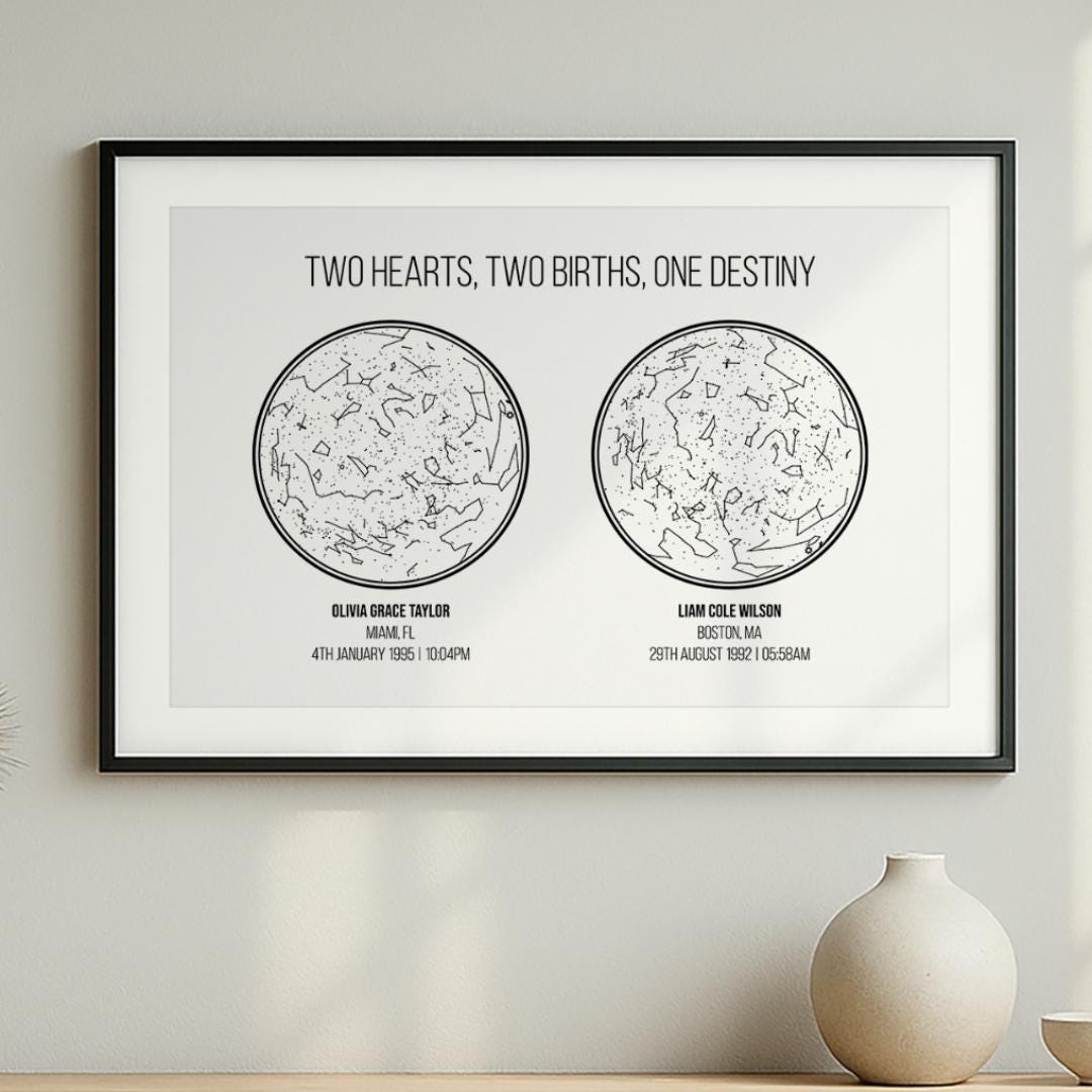 Custom Dual Star Map Wall Art, Personalized Sky Chart Poster, Birthday ...