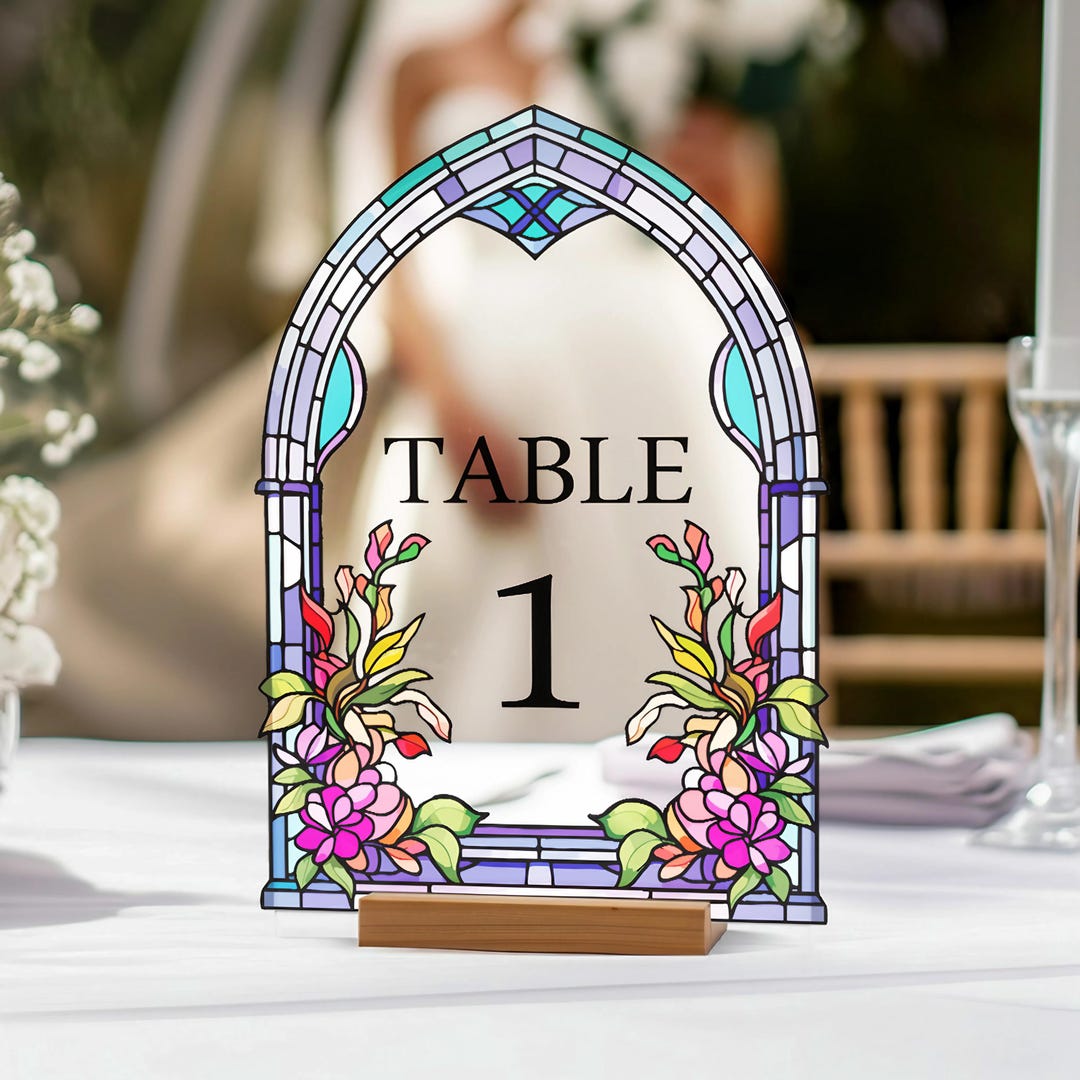 Stained Glass Wedding Decor – Acrylic Table Numbers With Floral Arch ...