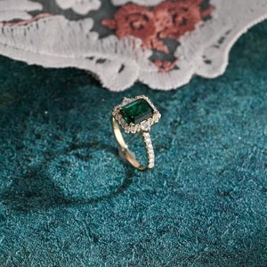 Solid Gold Emerald Cut Moissanite Engagement Ring Dark Green Promise ...