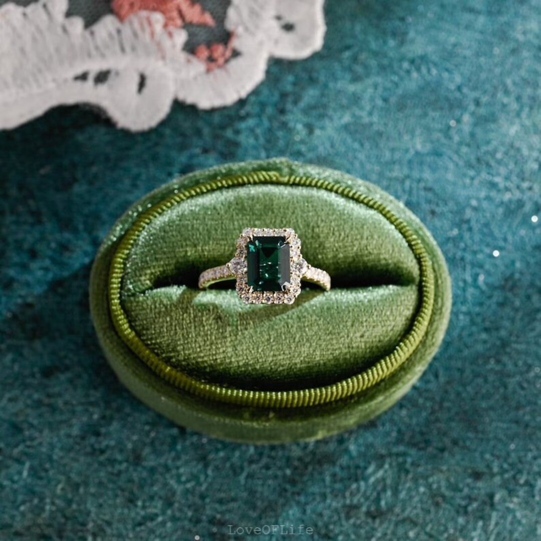 Solid Gold Emerald Cut Moissanite Engagement Ring Dark Green Promise ...