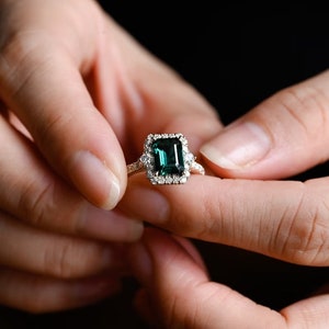 Solid Gold Emerald Cut Moissanite Engagement Ring Dark Green Promise ...