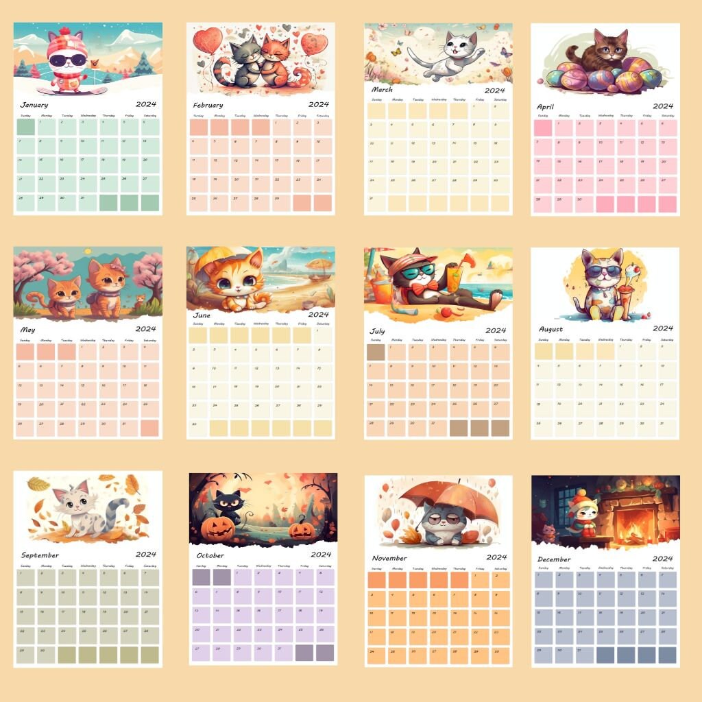 Cat Calendar 2024, Print-at-home, Cute Wall and Desktop Calendar - Etsy
