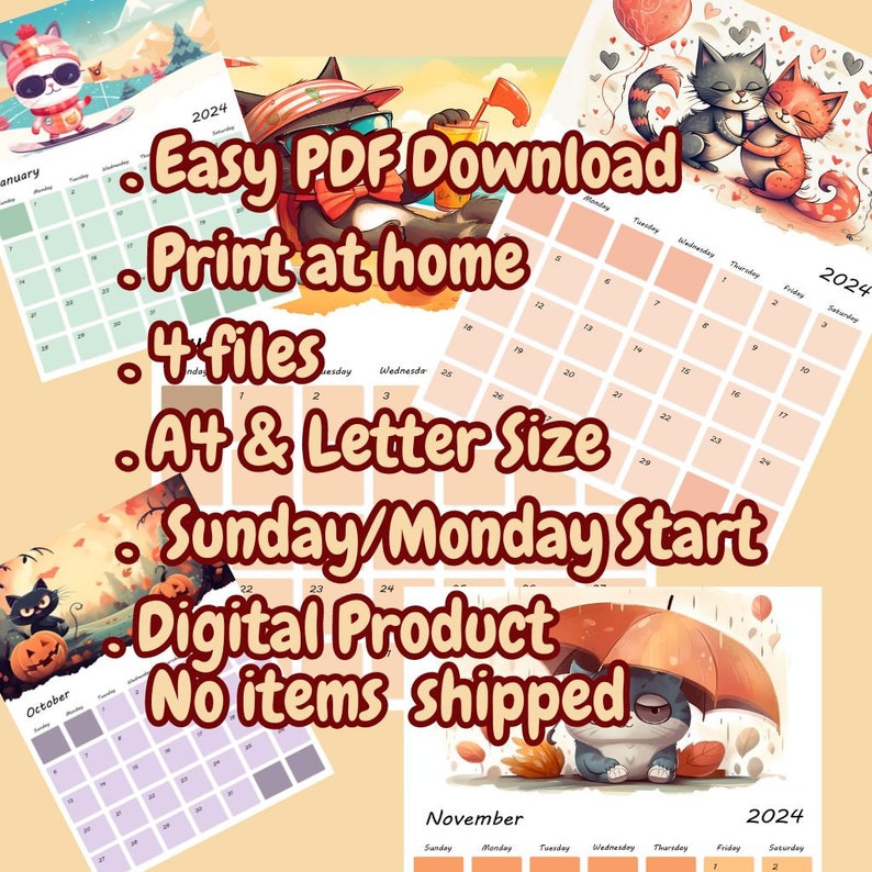 Cat Calendar 2024, Print-at-home, Cute Wall and Desktop Calendar - Etsy
