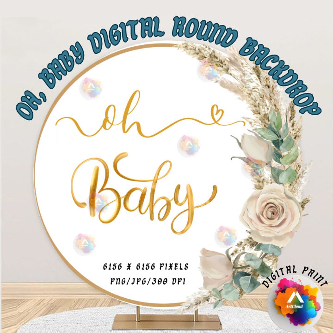 Oh Baby Digital Round Backdrop, Baby Shower Backdrop, Gender Reveal ...