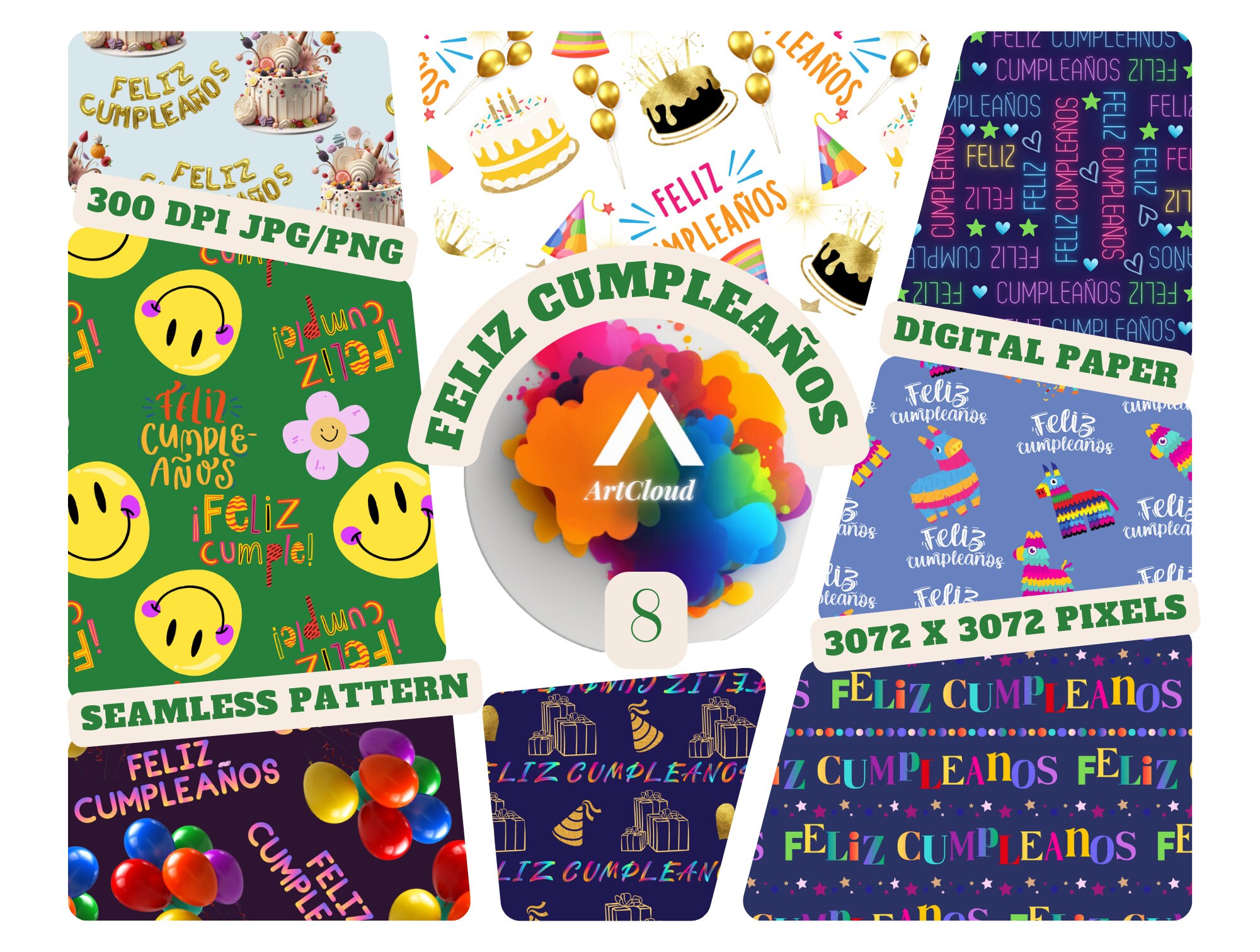 Feliz Cumpleaños Printable, Spanish Birthday Art, Seamless Pattern ...