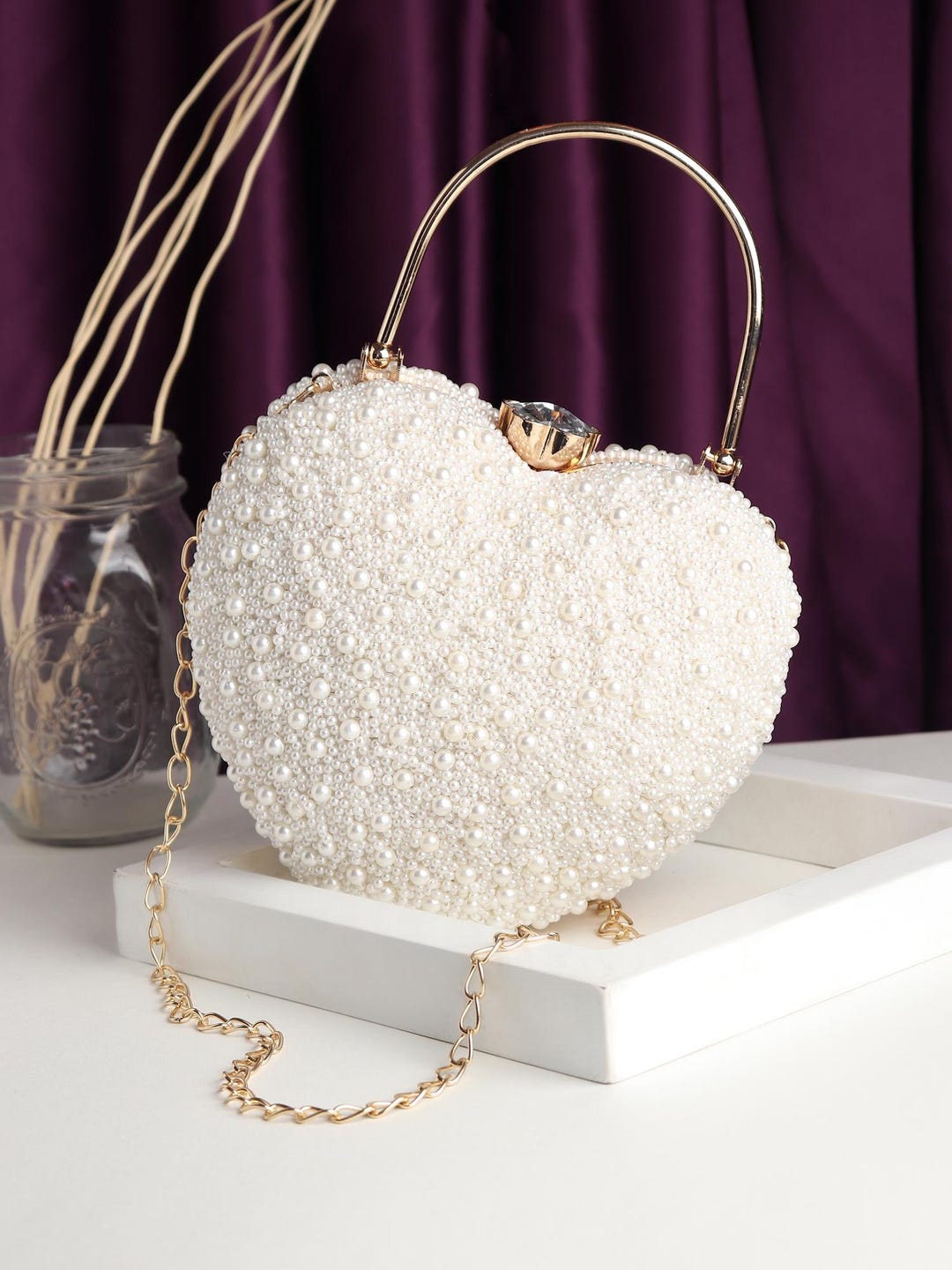 White Pearl Heart Clutch: Beaded Bridal Purse With Detachable Chain - Etsy