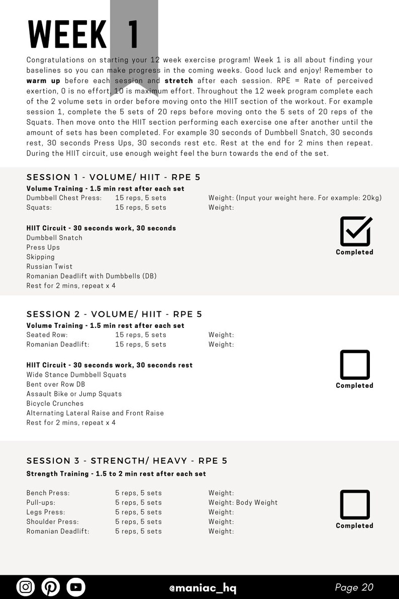 12 Week Exercise Workout Program for Men 32 Pages - Etsy