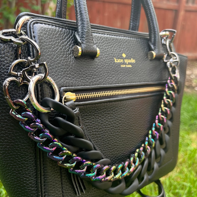 Chunky Black Resin Purse Strap, Iridescent Oil Slick Heart Accent ...