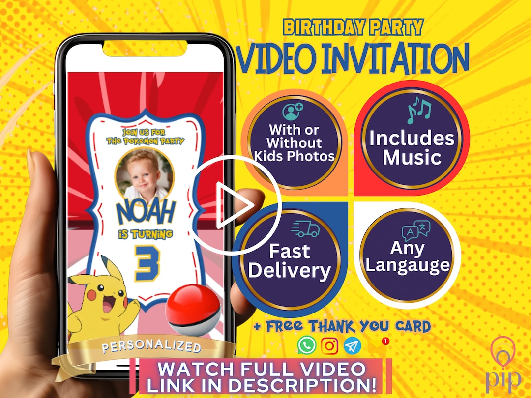 Pokemon Invitation Template, Pikachu Birthday Video Invite, Bday Party ...