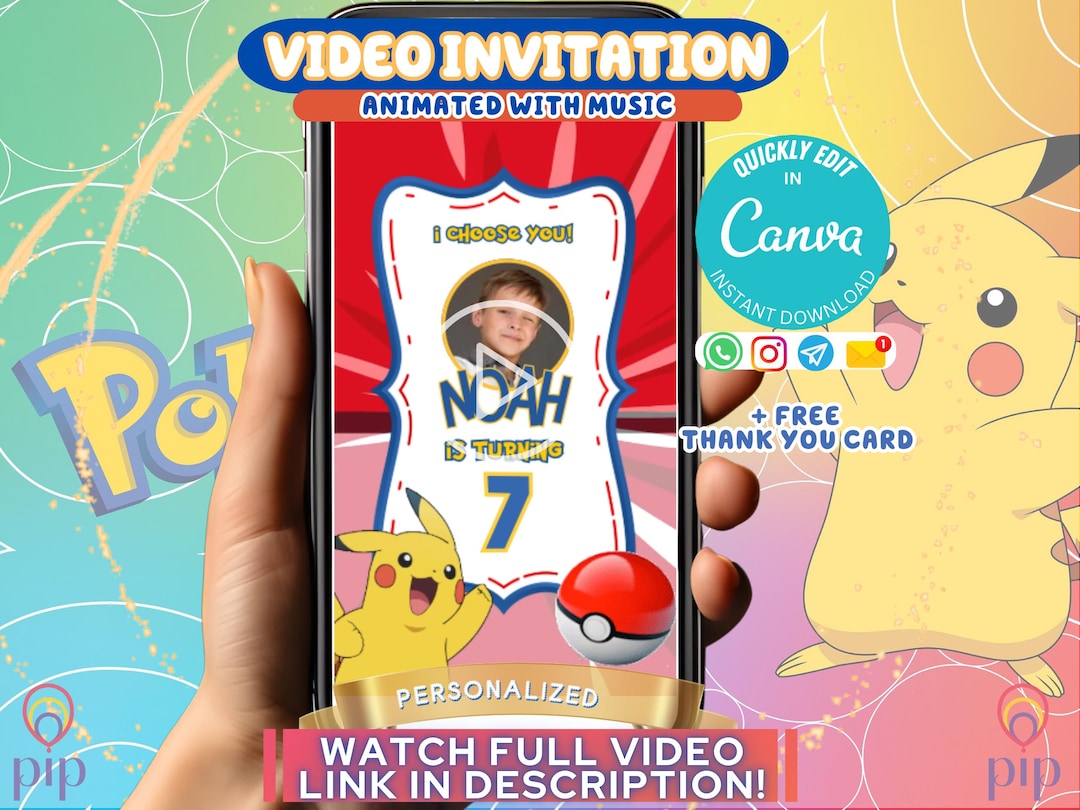 Editable Pokemon Birthday Invitation, Pokemon Party Video Invitations ...