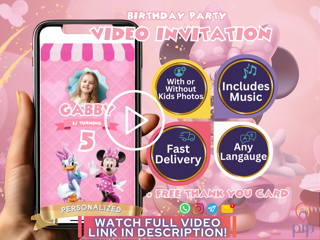 Pink Minnie Mouse Invitation Template, Birthday Digital Video Invite ...