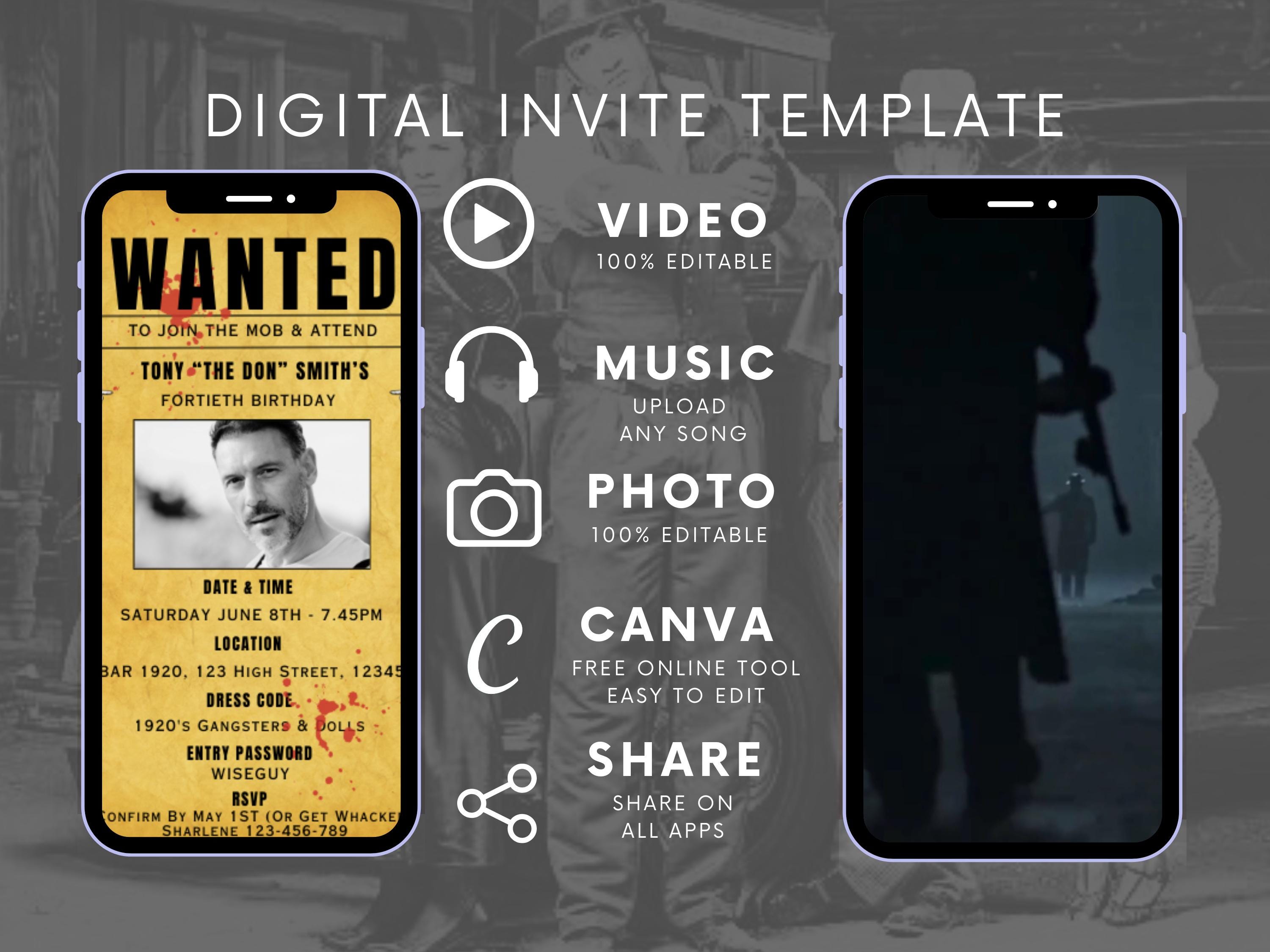 Wanted Poster Invitation, Animated Mob Party Invite, Mafia Don Themed ...
