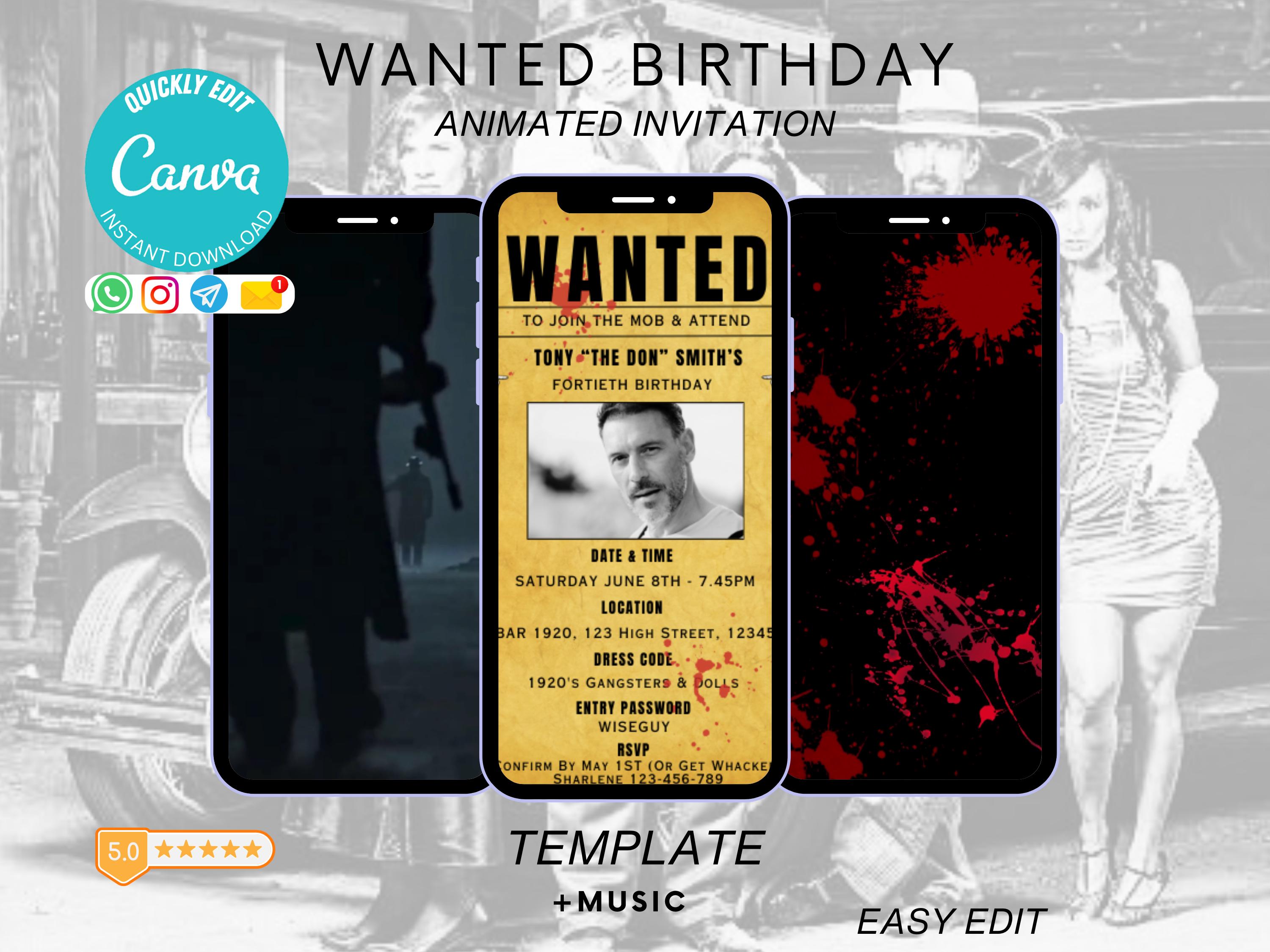 Wanted Poster Invitation, Animated Mob Party Invite, Mafia Don Themed ...