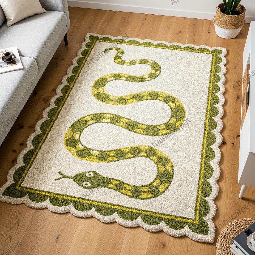 Off White Olive Green Snake Design Hand Tufted Wool Rug, Modern ...