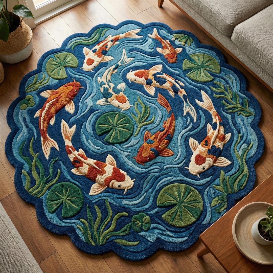Colorful Koi Fish Tufted Wool Rug, Modern Round Pond Area Rugs for ...