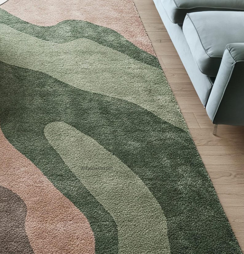 Hand Tufted Sage Green Dusty Pink Grey Wool Rug for Living Room, Modern ...