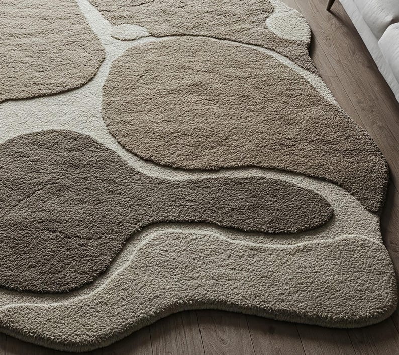 Abstract Beige Light Brown Cream Irregular Shape Hand Tufted Wool Rug ...